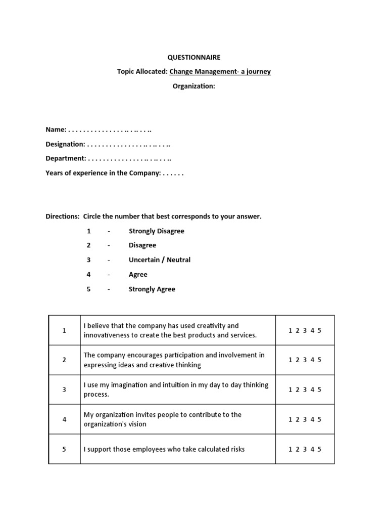 Change Management Questionnaire | PDF | Creativity | Business