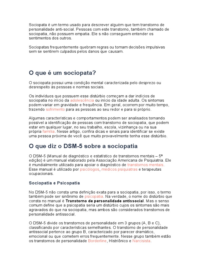 Características do Sociopata e DSM-5 | PDF | Transtorno de ...