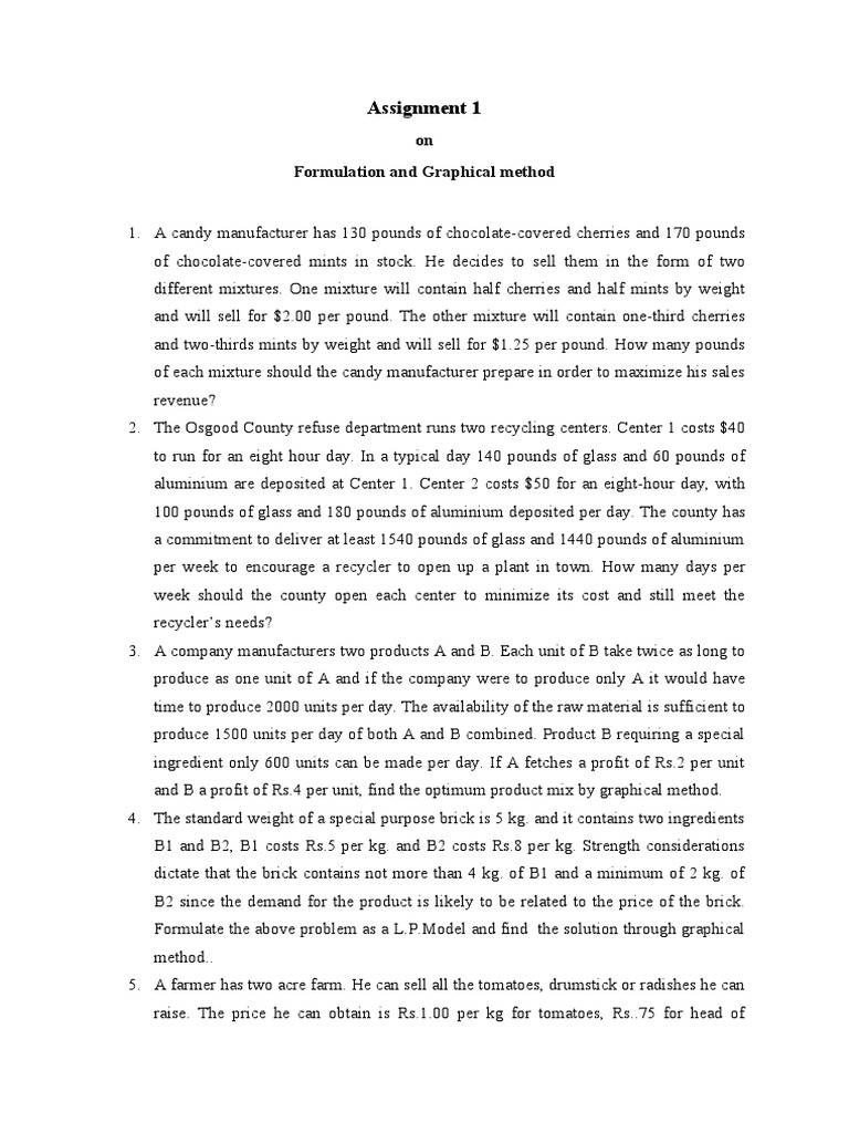 Assignment 1: On Formulation and Graphical Method | PDF | Recycling ...