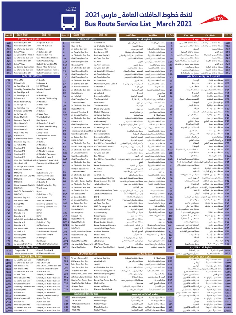Bus Route Service List - March 2021: Dubai Bus Dubai Bus | PDF | North ...