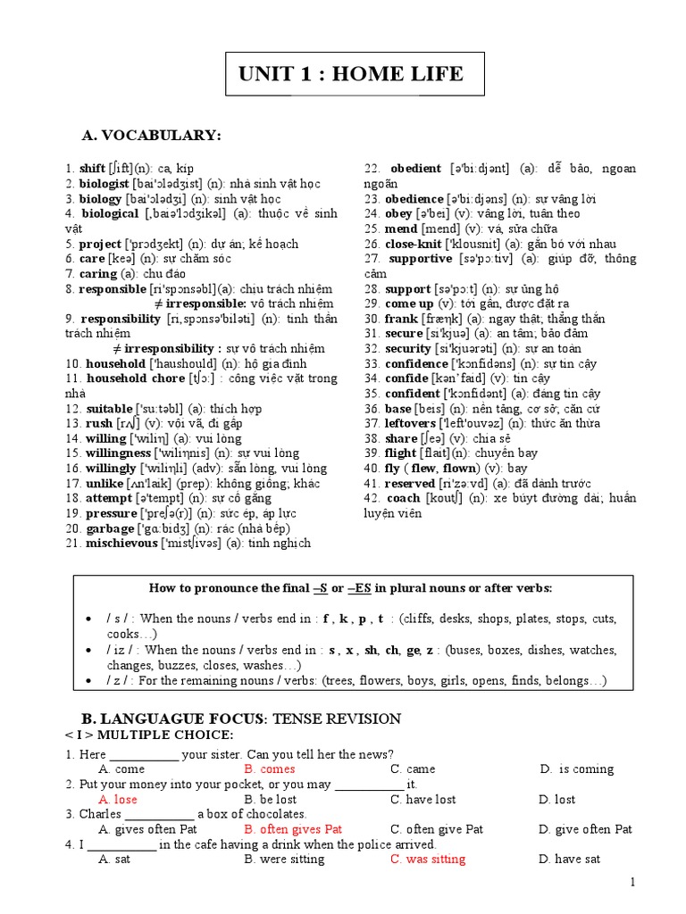 key-BTTH 12 - UNIT 1-18-19 | PDF | Family | Household
