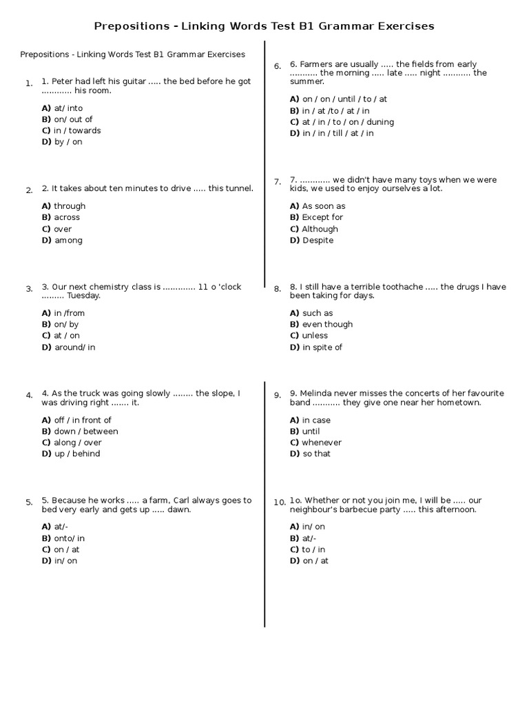 Prepositions - Linking Words Test B1 Grammar Exercises | PDF
