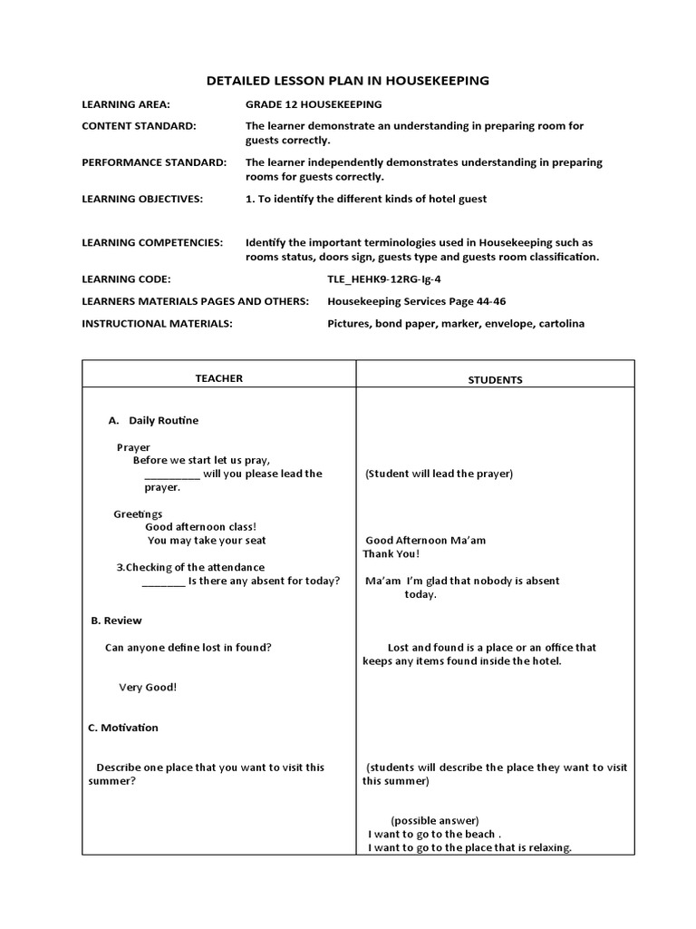 Detailed Lesson Plan in Housekeeping | PDF | Lesson Plan | Teachers