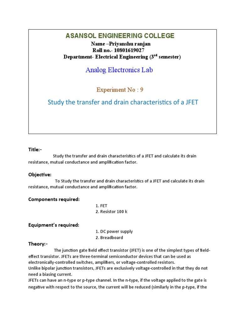 Analog Electronics Lab: Study The Transfer and Drain Characteristics of A JFET | PDF | Field ...