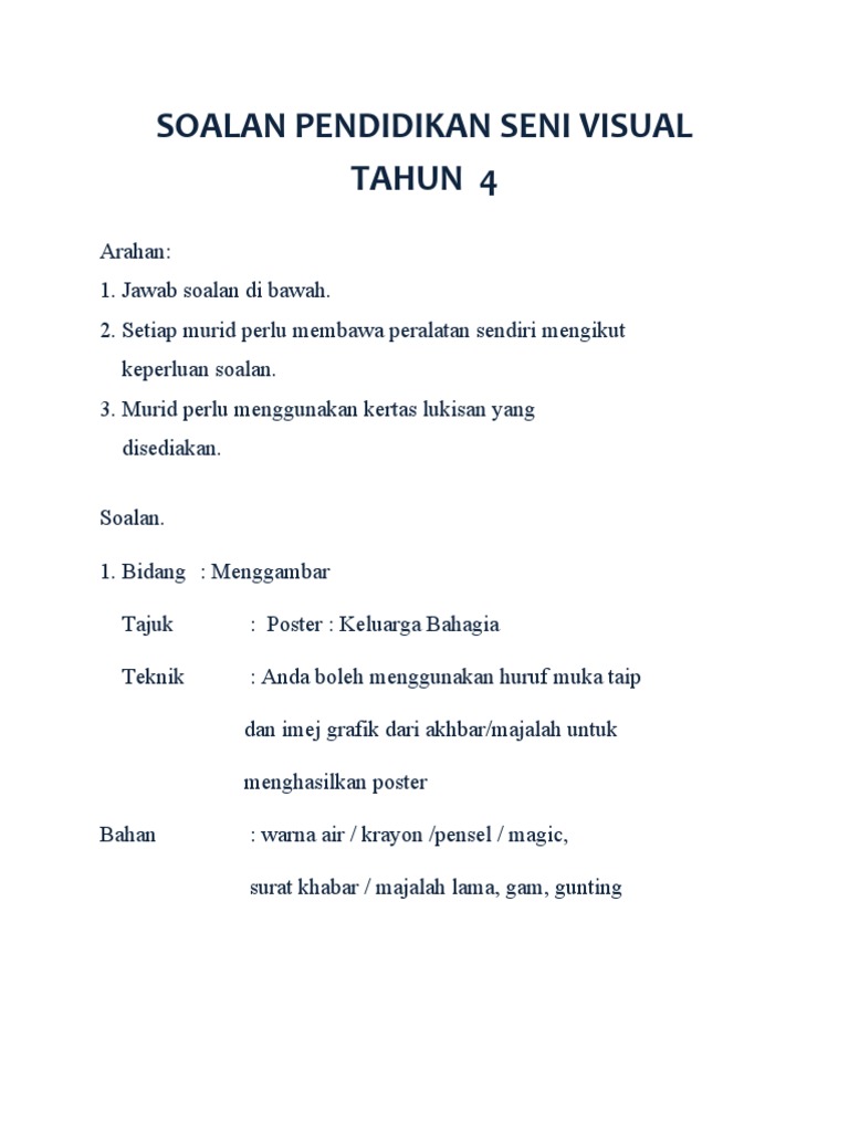 Soalan Pendidikan Seni Visual Tahun 4-6 | PDF