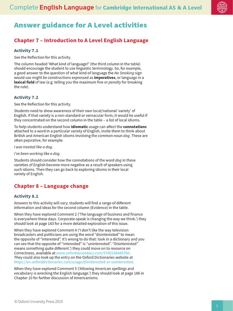 Answer Guidance For A Level Activities | PDF | English Language | Idiom