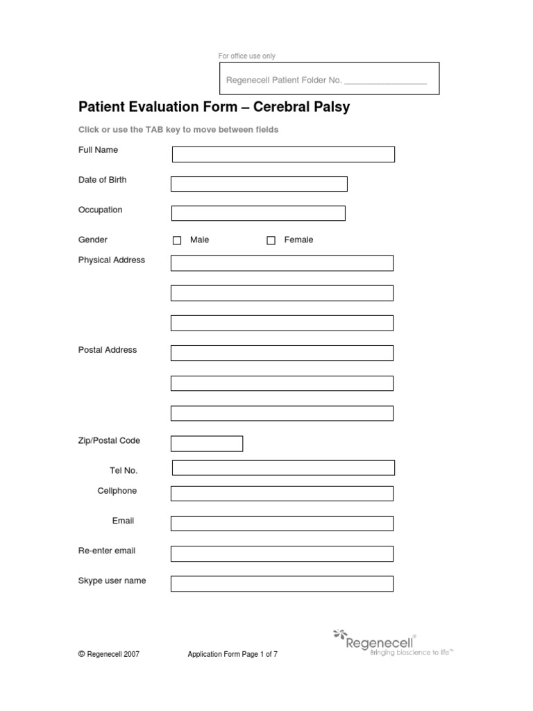 Patient Evaluation Form - Cerebral Palsy: Click or Use The TAB Key To ...