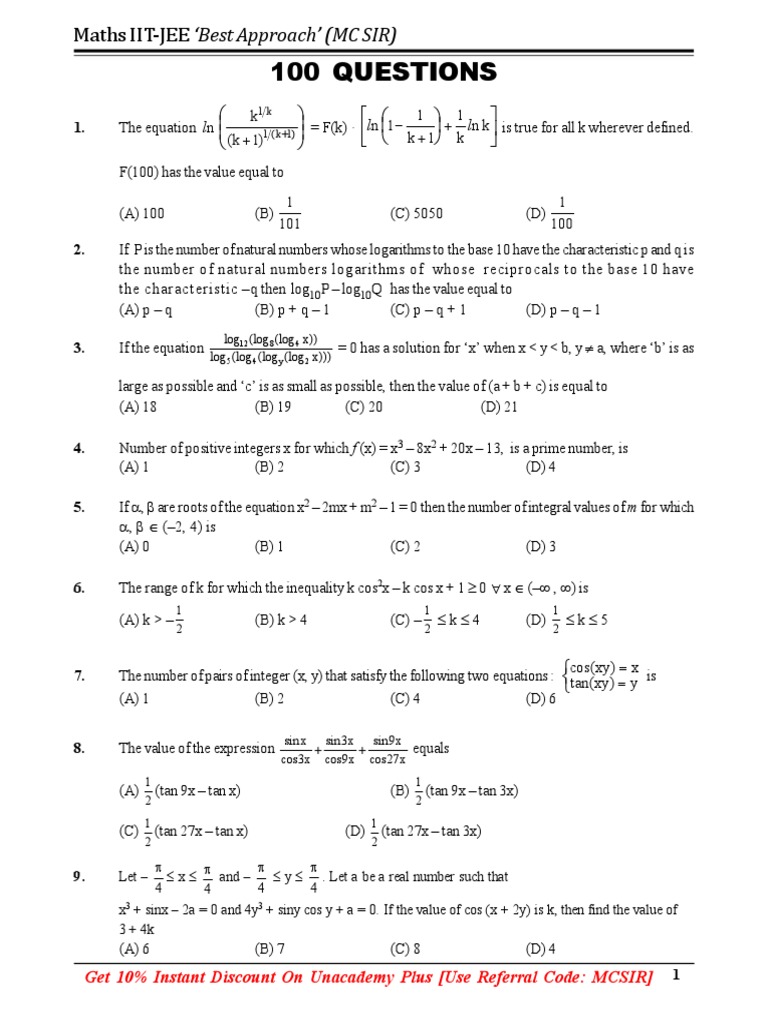 100 Top Questions For Ultimate Batch | PDF | Logarithm | Tangent