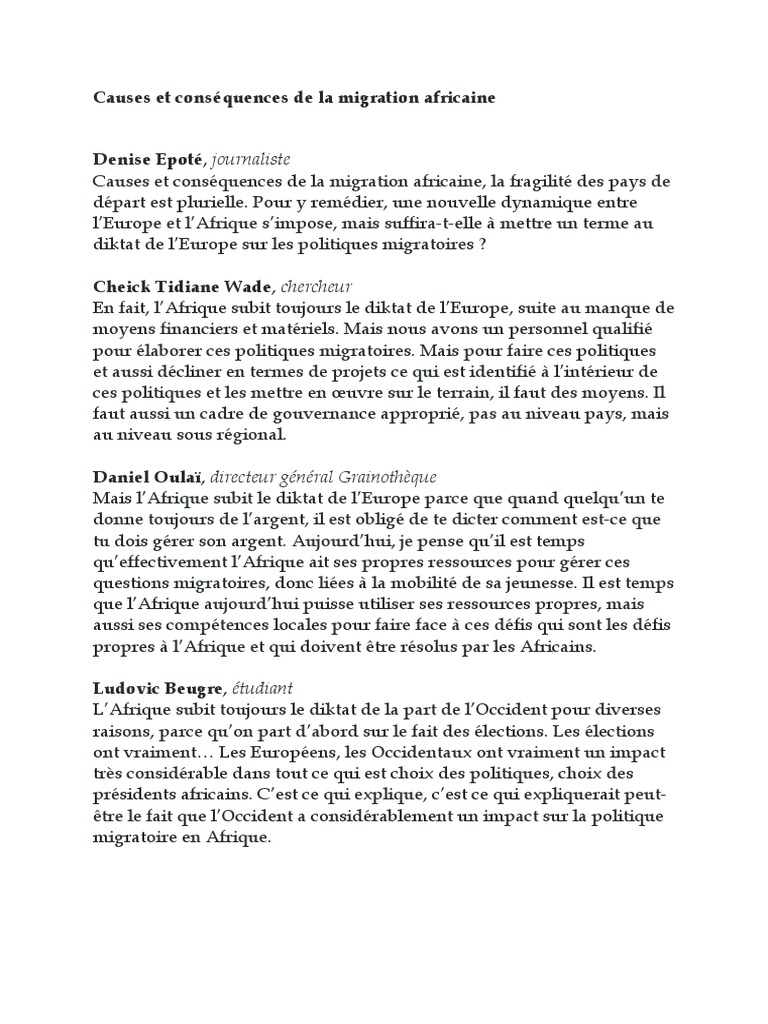 Causes et conséquences de la migration en Afrique | PDF | Afrique ...
