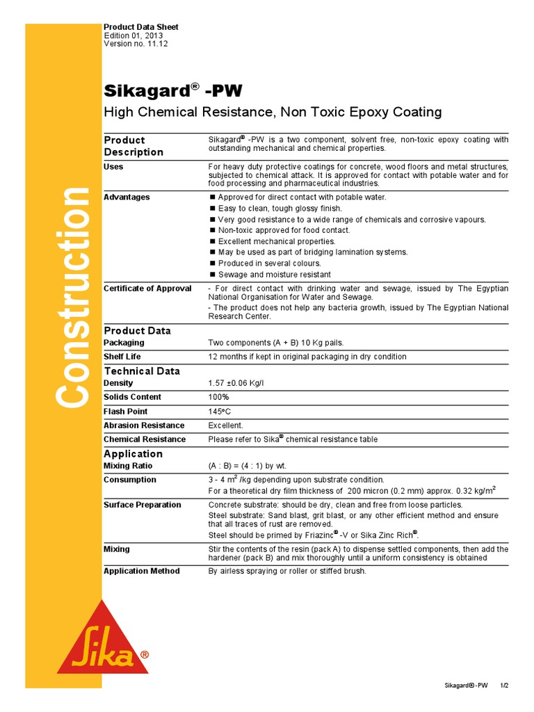 Sikagard - PW: High Chemical Resistance, Non Toxic Epoxy Coating | PDF ...