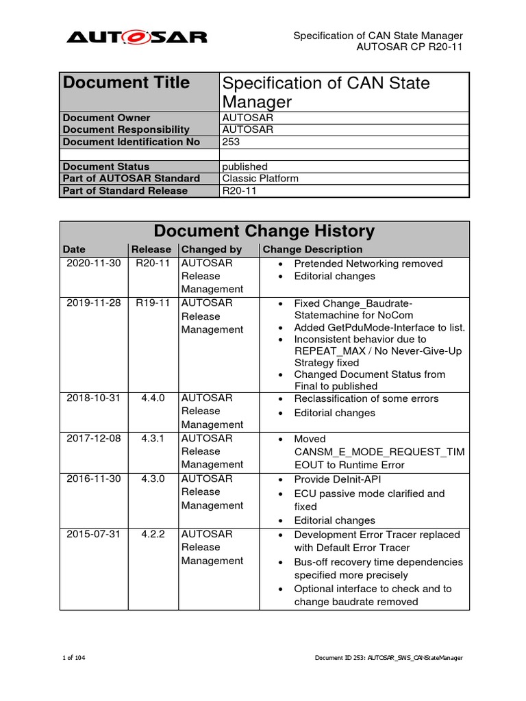 AUTOSAR SWS CANStateManager | PDF | Specification (Technical Standard) | Subroutine