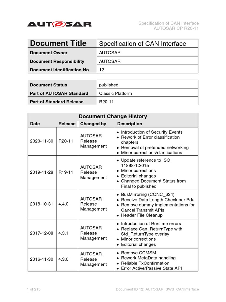 AUTOSAR SWS CANInterface | PDF | Specification (Technical Standard) | Device Driver