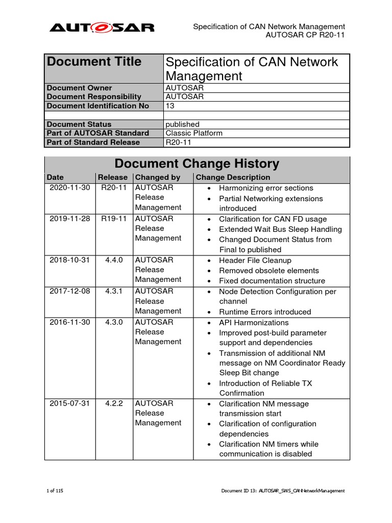 AUTOSAR SWS CANNetworkManagement | PDF | Computer Network ...