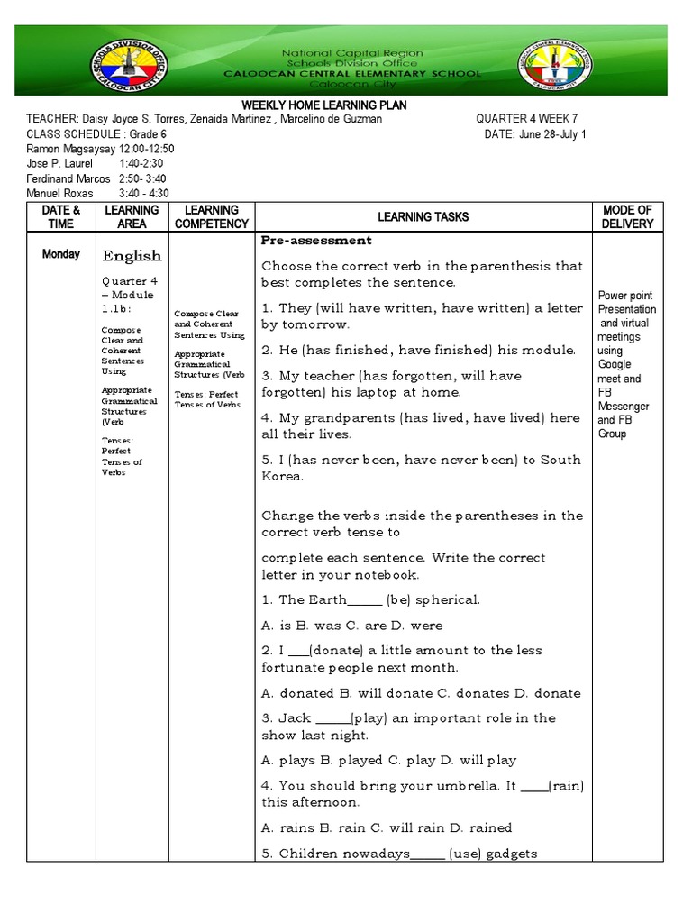 WHLP Q4 Week 7 | PDF | Grammatical Tense | Verb