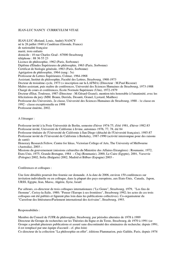 CV de Jean-Luc Nancy | PDF | Paris