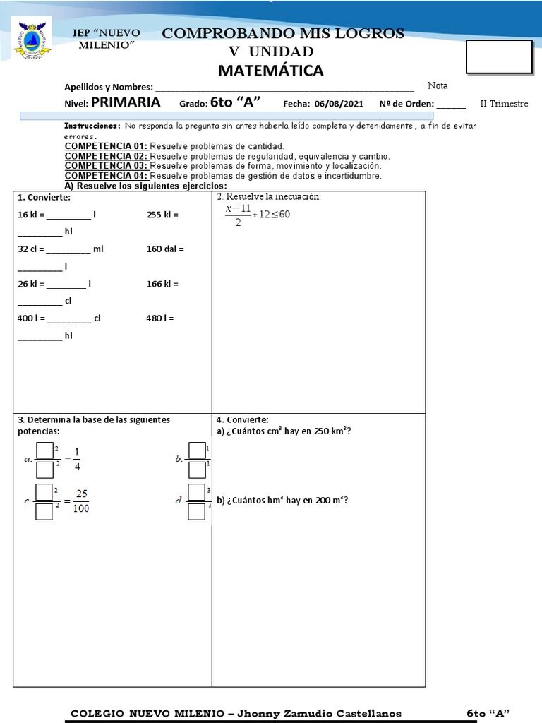 Matemática: Comprobando Mis Logros V Unidad | PDF