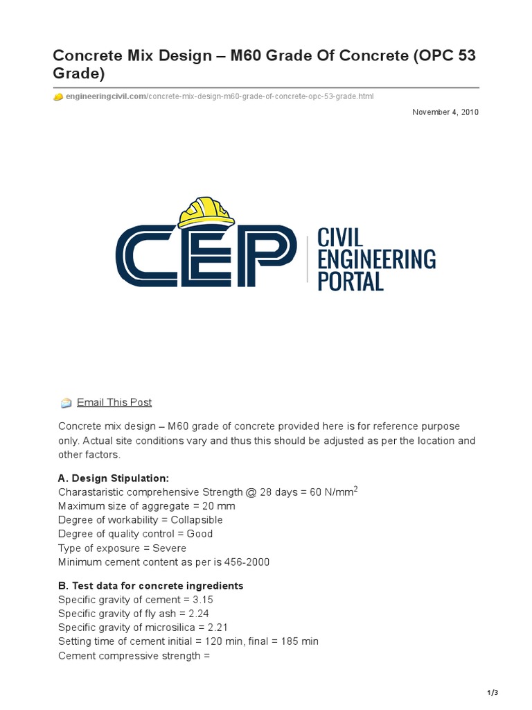 M60 Concrete Mix Design with OPC 53 | PDF | Concrete | Cement