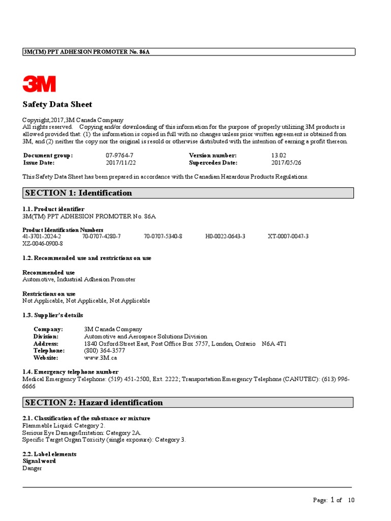 Safety Data Sheet: 3M (TM) PPT Adhesion Promoter No. 86A | Download Free PDF | Toxicity ...