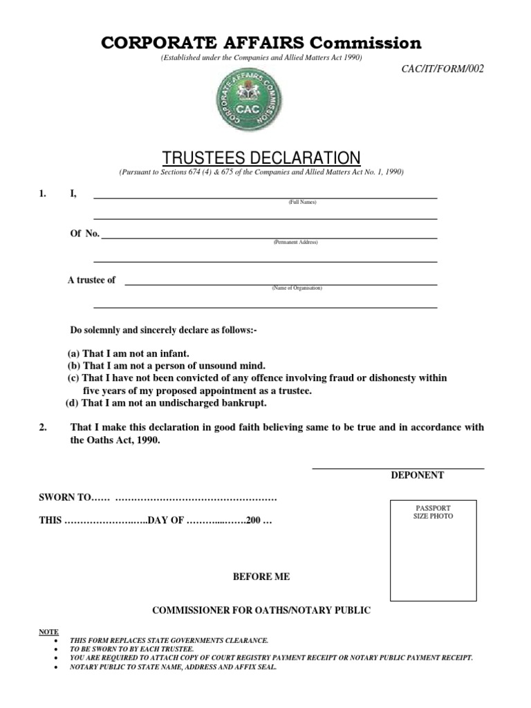 Corporate Affairs Commission: Trustees Declaration | PDF