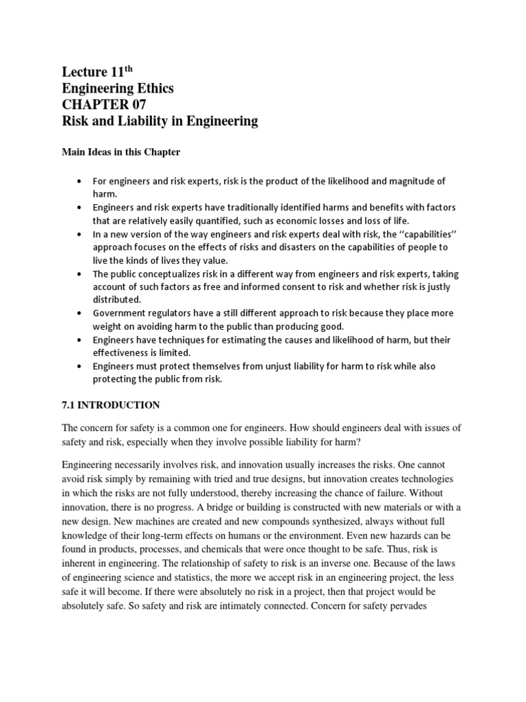 Engineering Ethics Risk and Liability in Engineering: Main Ideas in ...