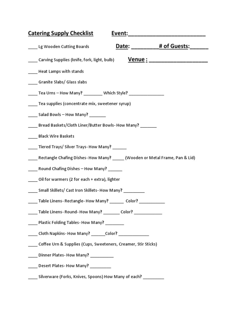 Catering Supply Checklist | PDF | Tableware | Food And Drink