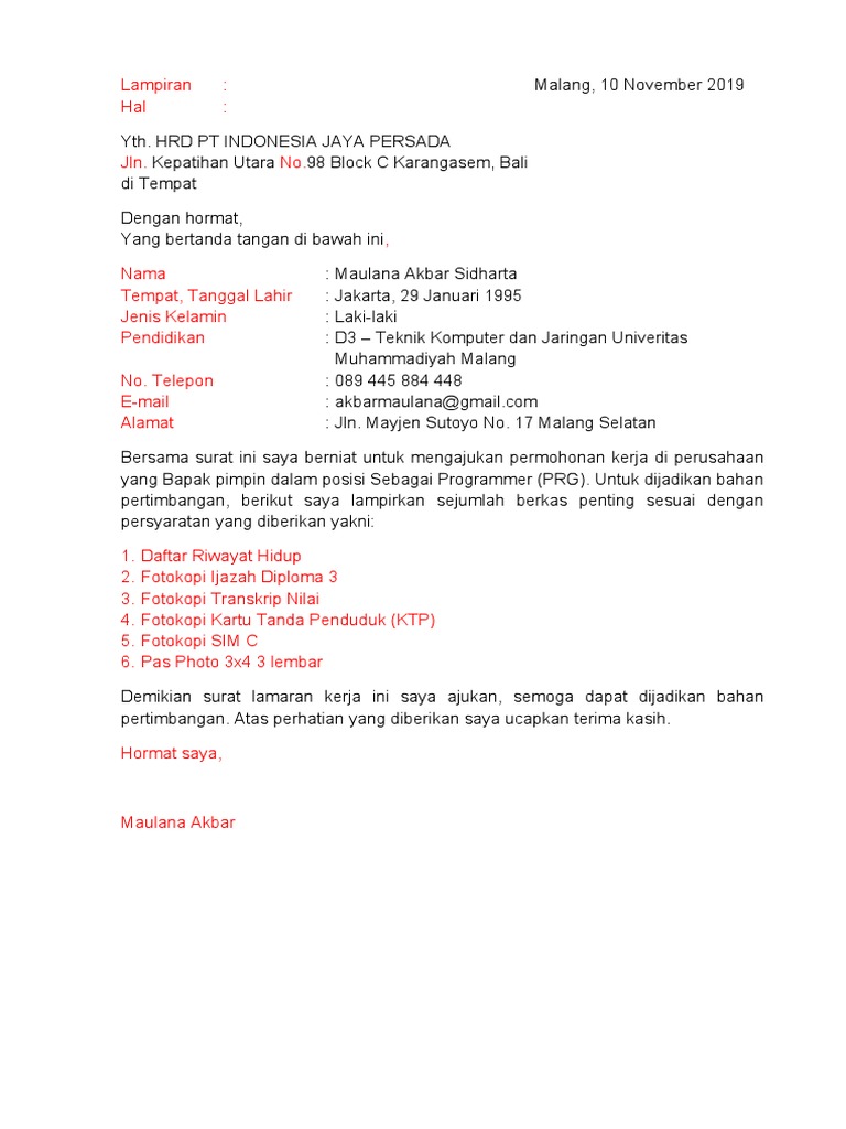 Contoh Surat Lamaran Pekerjaan Untuk Menjadi Programmer Di Minimarket ...