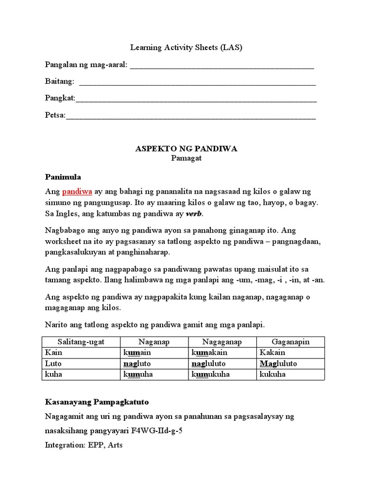 Learning Activity Sheet Pandiwa | PDF