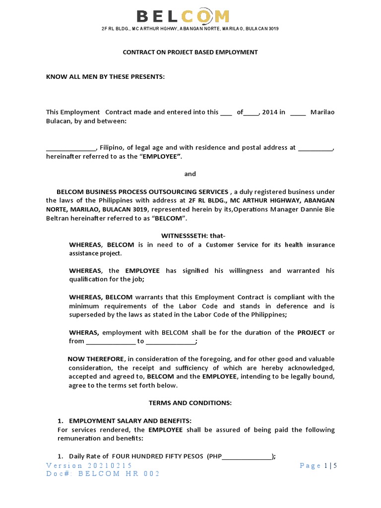 Contract On Project Based Employment: Customer Service For Its Health ...