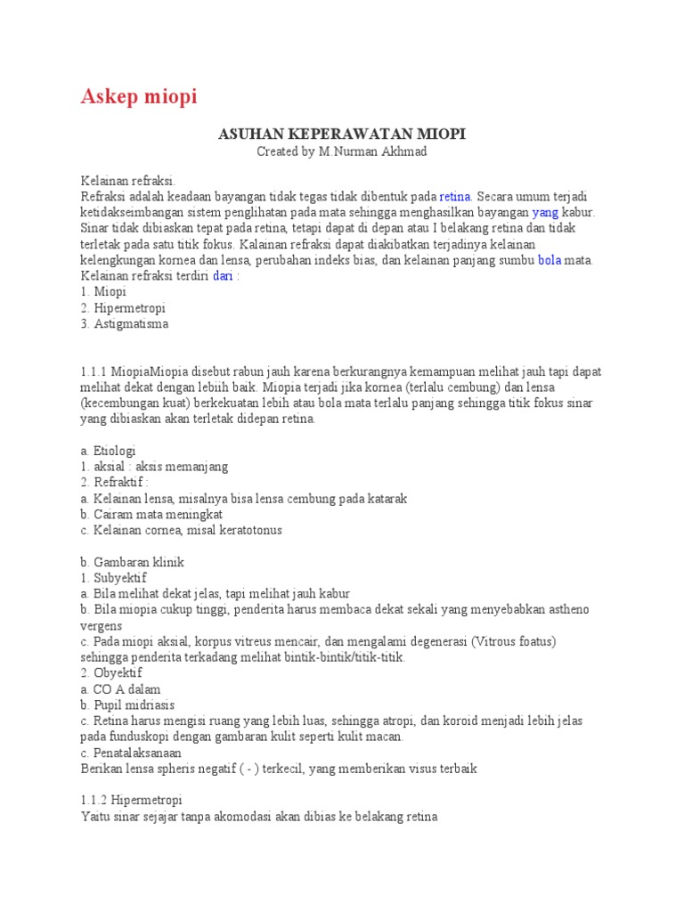 Asuhan Keperawatan Miopi dan Penatalaksanaan | PDF