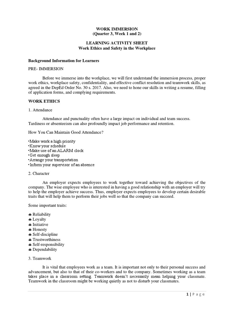 Work Immersion (Quarter 3, Week 1 and 2) Learning Activity Sheet Work Ethics and Safety in The ...