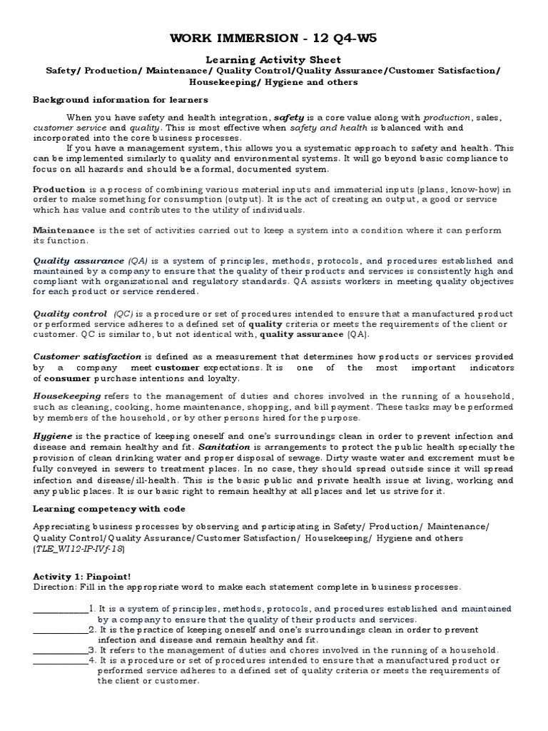 Work Immersion - 12 Q4-W5: Learning Activity Sheet | PDF | Quality Assurance | Business
