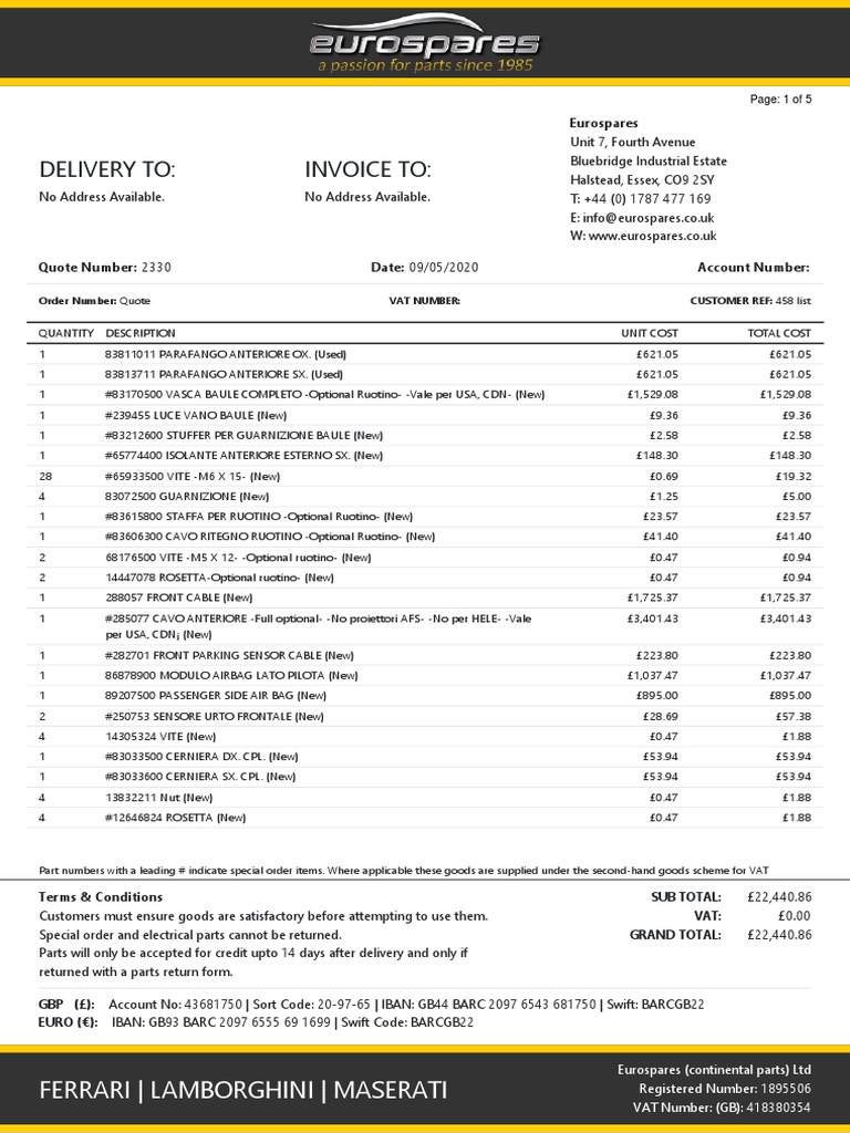 Delivery To: Invoice To:: Ferrari - Lamborghini - Maserati | Download ...