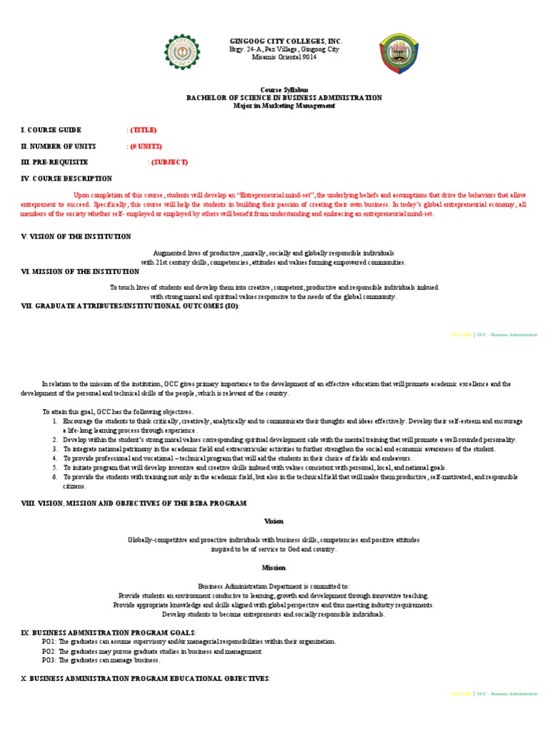 Bsba Syllabus Template 2021 | PDF | Entrepreneurship | Mindset