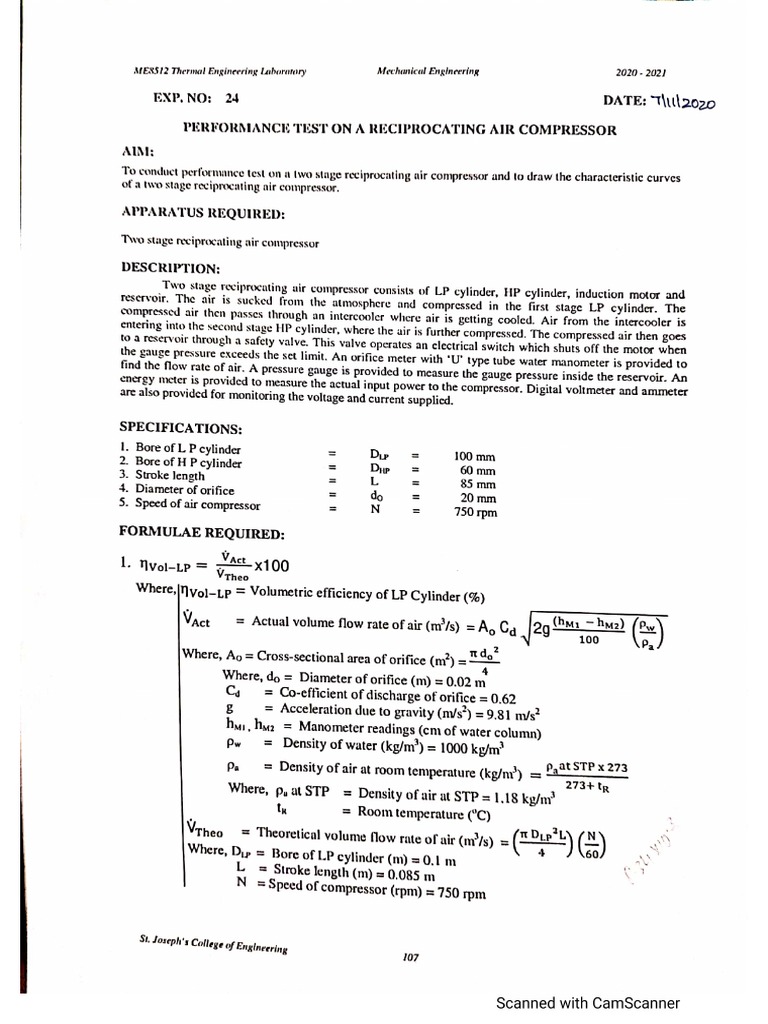 Performance Test On A Reciprocating Compressor | PDF