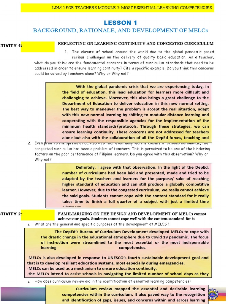 Lesson 1 Background, Rationale, and Development of Melcs: Reflecting On ...