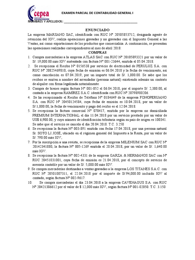 Examen Parcial de Contabilidad I | PDF | Factura | Comercio