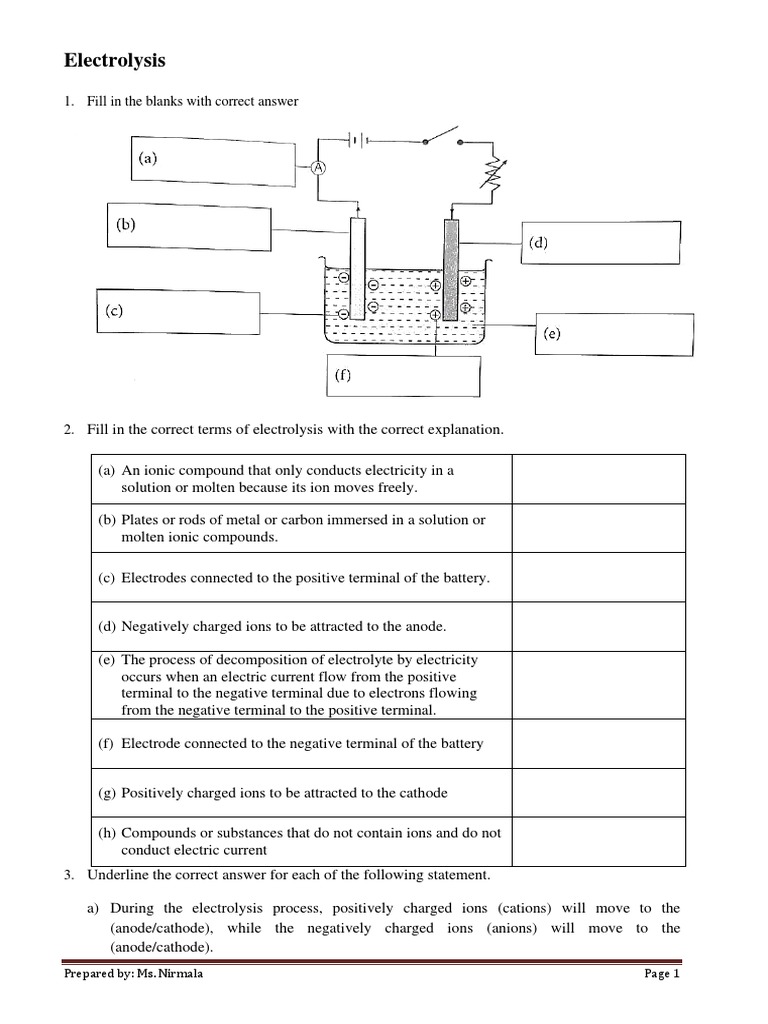 Electrolysis: 1. Fill in The Blanks With Correct Answer | Download Free ...
