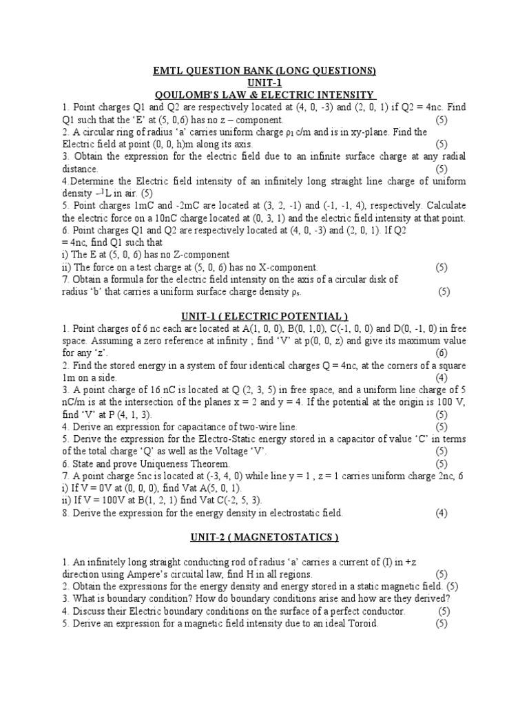 EMTL QUESTION BANK (Long Questions) | PDF | Transmission Line | Waves