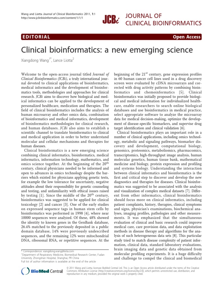 Clinical Bioinformatics - A New Emerging Science | PDF | Bioinformatics | Health Informatics