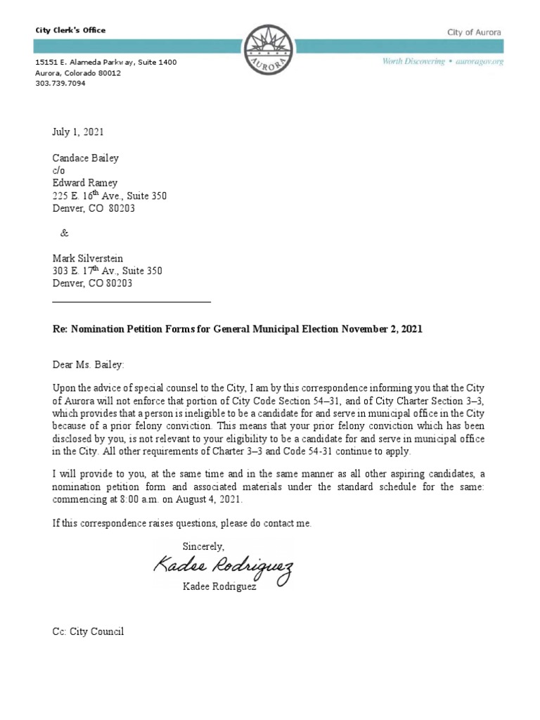 Aurora Candice Bailey Letter July 1, 2021 | PDF