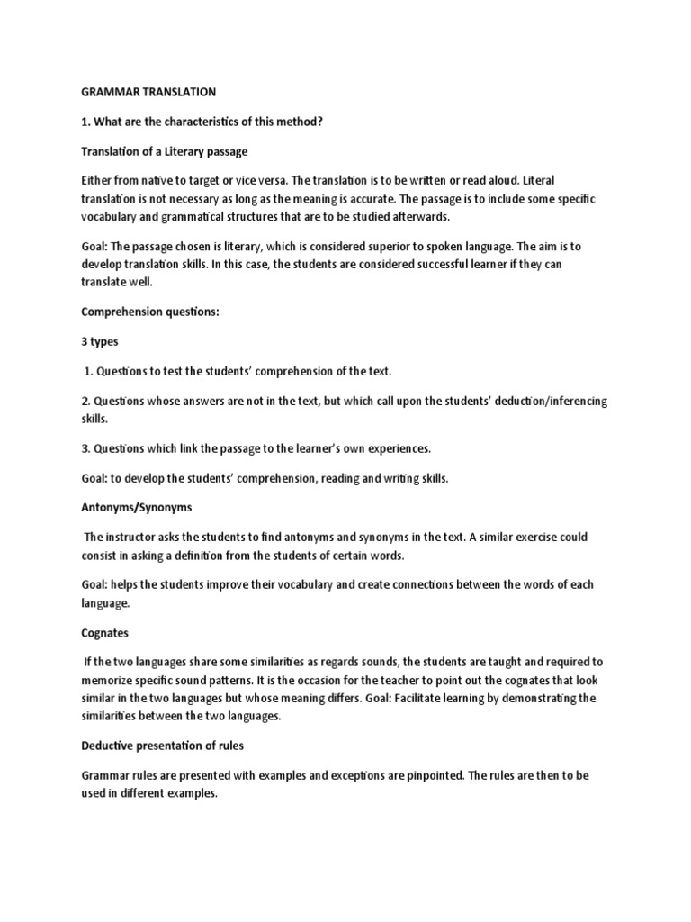 Grammar Translation 1. What Are The Characteristics of This Method ...
