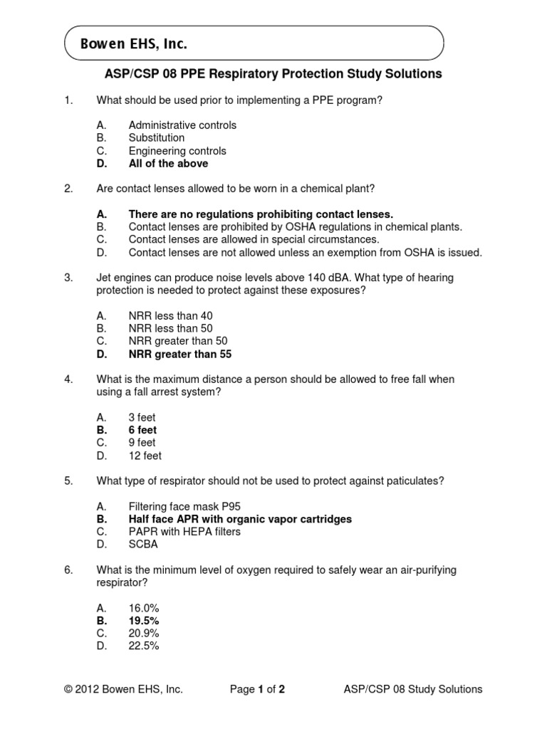 Bowen EHS, Inc.: ASP/CSP 08 PPE Respiratory Protection Study Solutions | Download Free PDF ...
