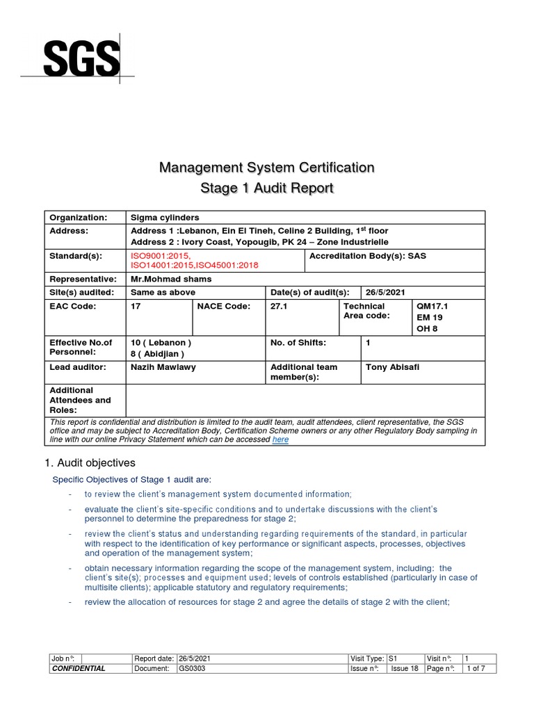 GS0303 Stage 1 Audit Report-Sigma | PDF | Audit | Supply Chain