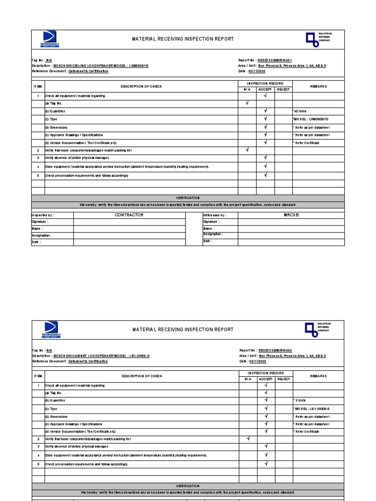 Material Receiving Inspection Report: Contractor MRCSB | Download Free ...