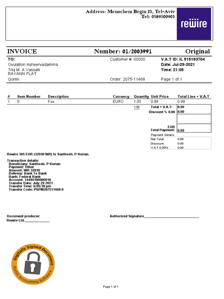 Invoice Number: 01/2003991 Original: Address: Menachem Begin 23, Tel ...