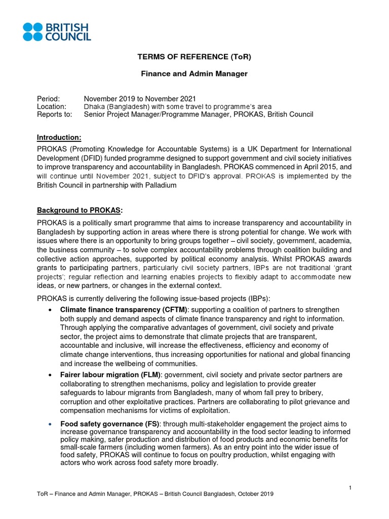 Terms of Reference (Tor) Finance and Admin Manager | PDF | Procurement ...