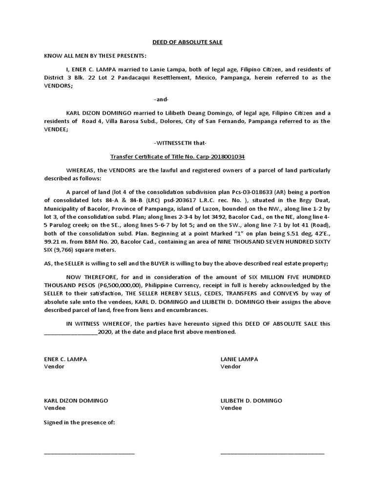 Deed of Absolute Sale in Pampanga | PDF | Real Estate | Common Law