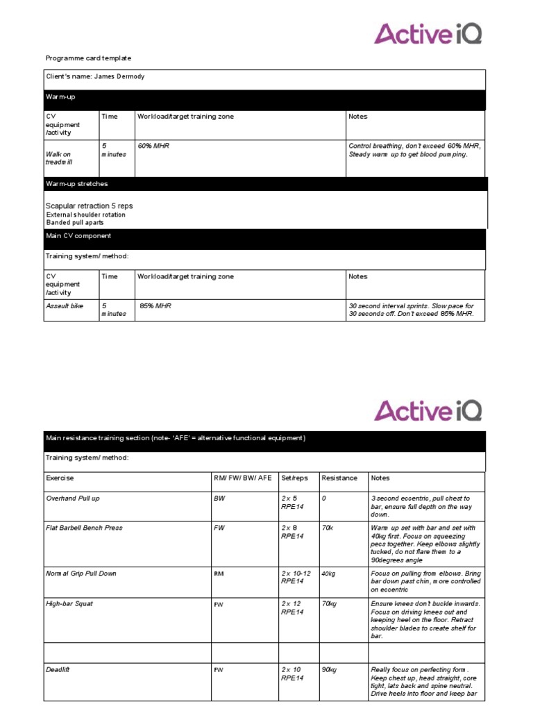 Programme Card Template | PDF | Physical Fitness | Recreation