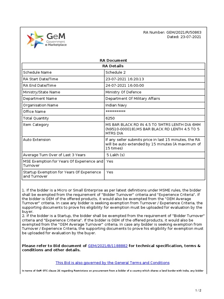 RA Document RA Details: GEM/2021/B/1188882 | PDF | Procurement | Economies