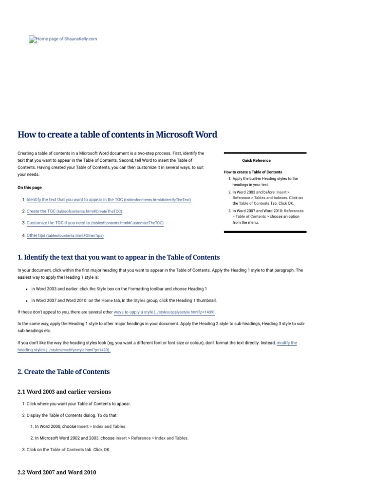 How To Create A Table of Contents in Microsoft Word | PDF | Table Of ...
